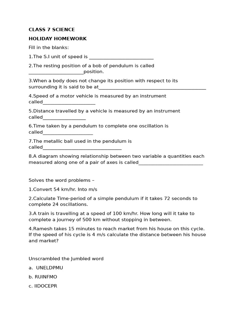 Class 7 Holiday Homework | PDF