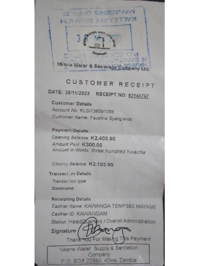 5 Lwapula Street Receipt For Nkana | PDF