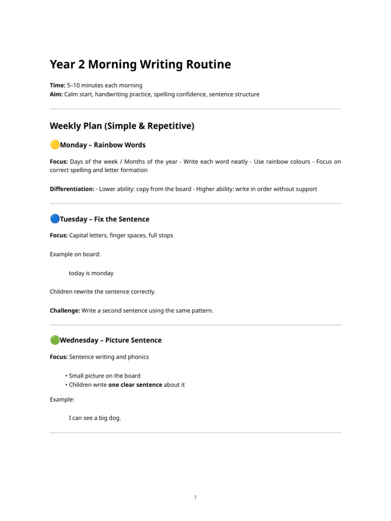 Year 2 Morning Writing Routine Guide | PDF