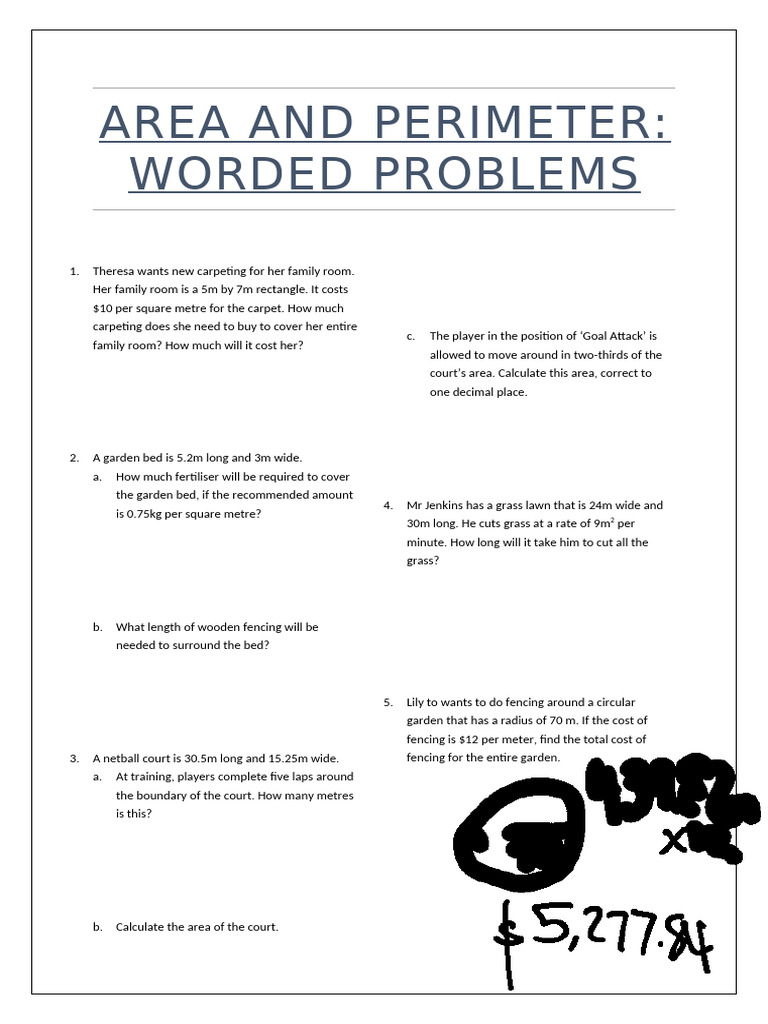 Area and Perimeter Word Problems | PDF | Area | Length