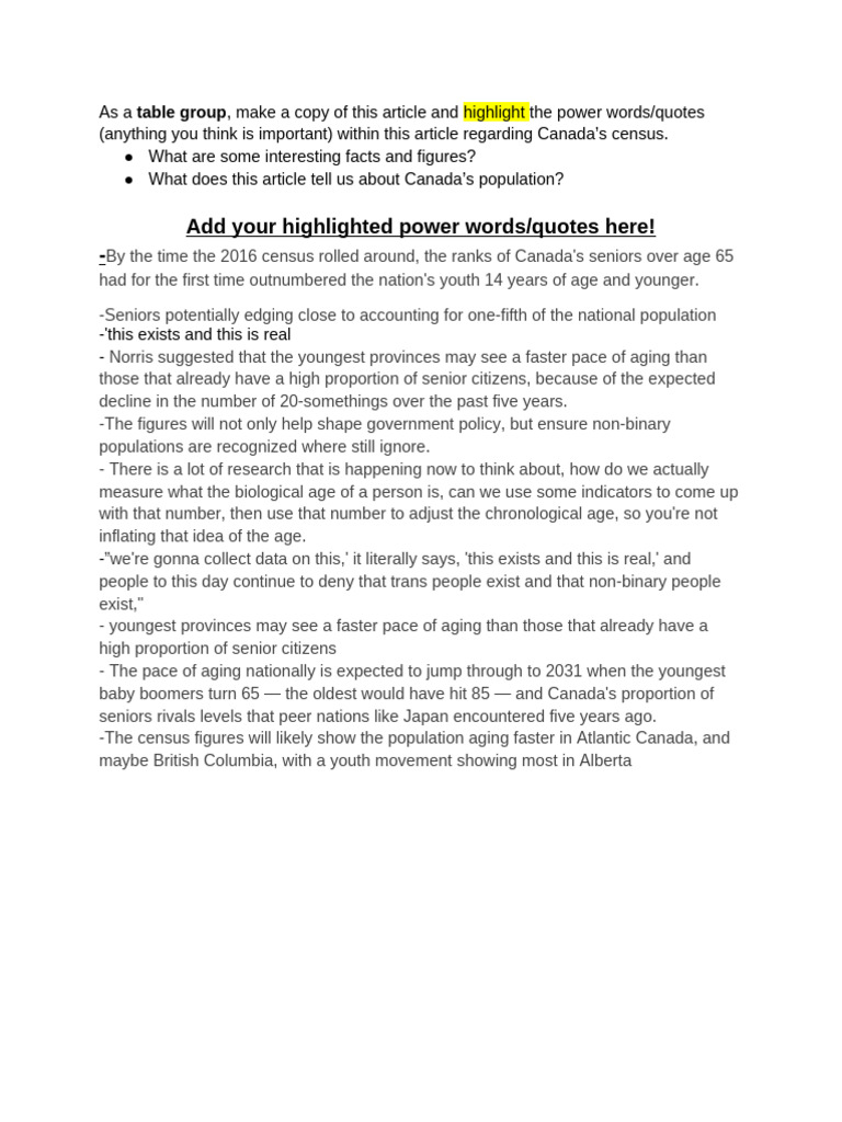(PM) Power Words - Quotes - Canada - S Census Article Analysis | PDF