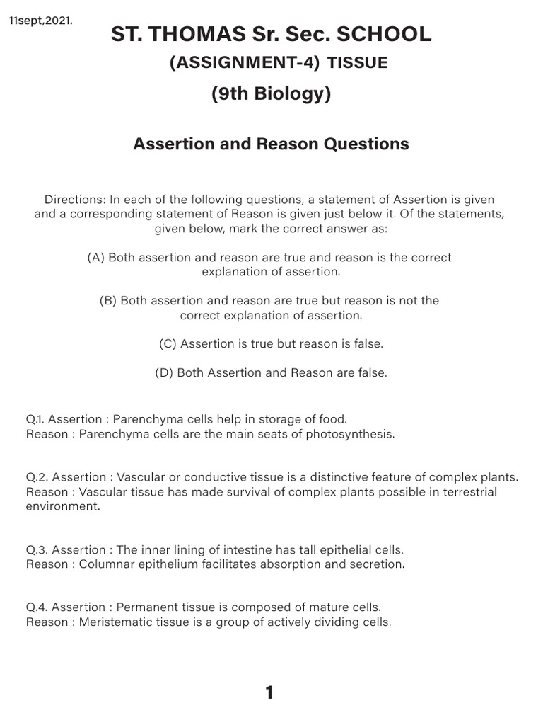 Assignment 4 Class 9th Tissue Assertion and Reason Questions | PDF