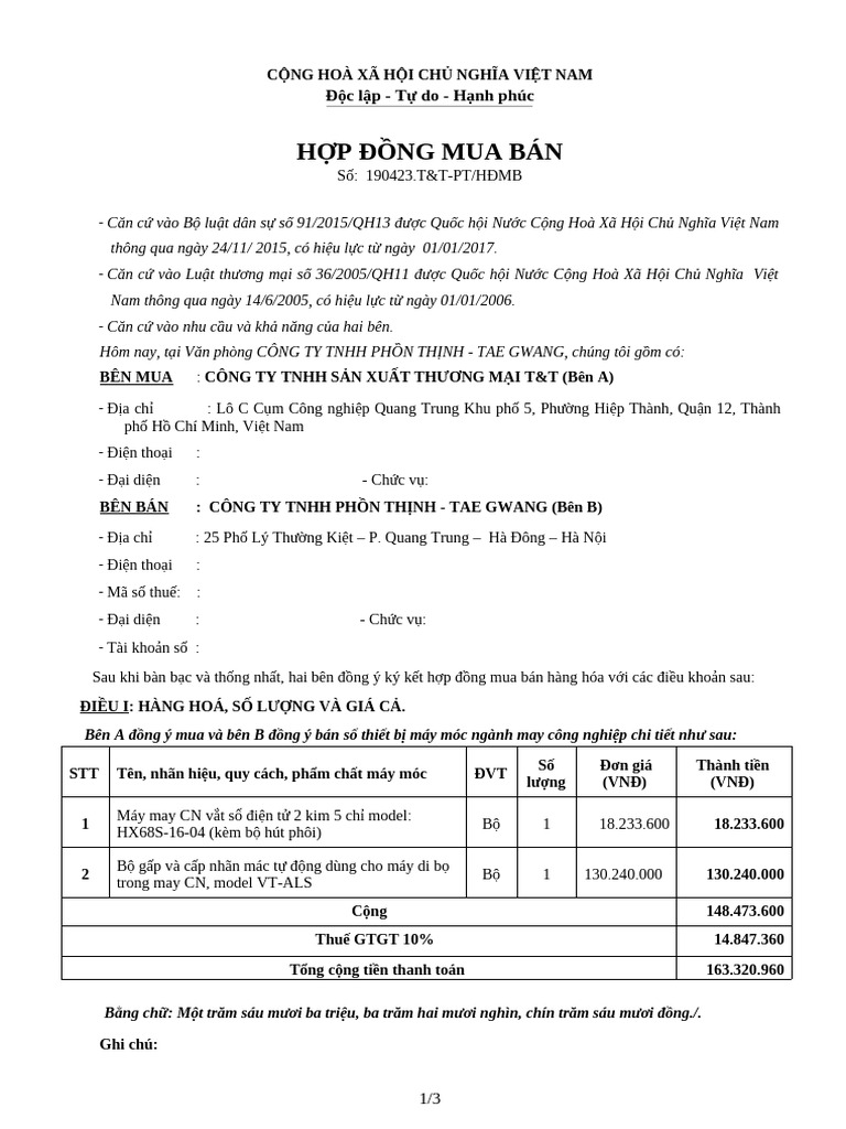 Hợp đồng mua bán | PDF