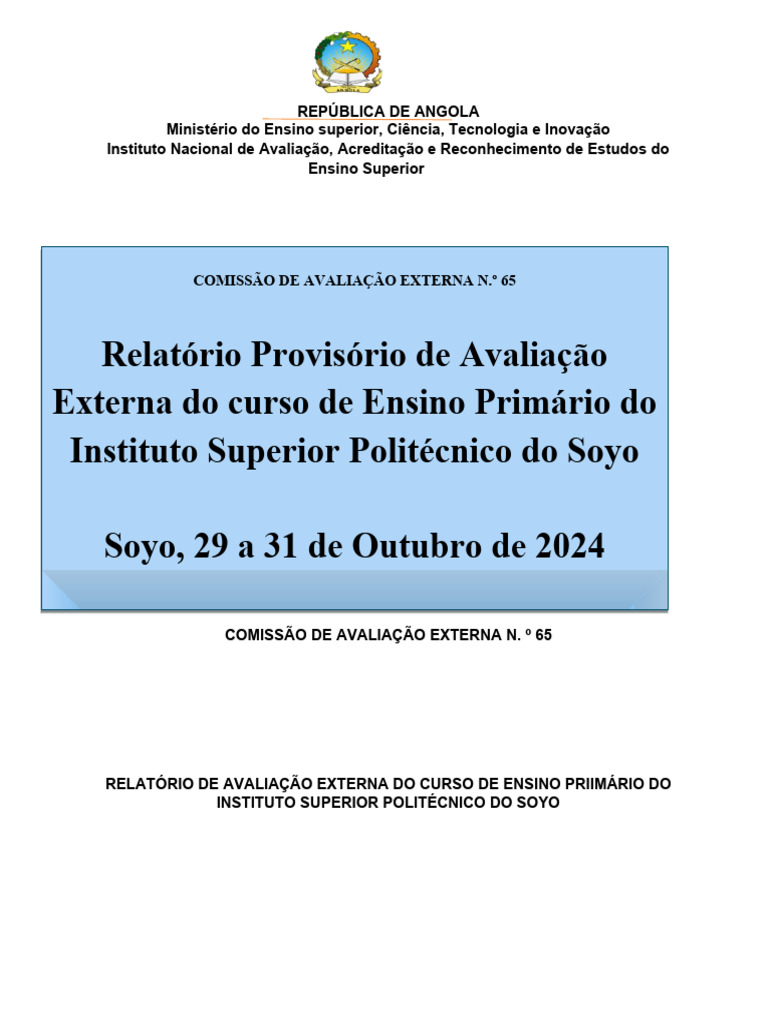 Relatório Provisório de Avaliação Externa Do Curso de Ensino Primàrio ...
