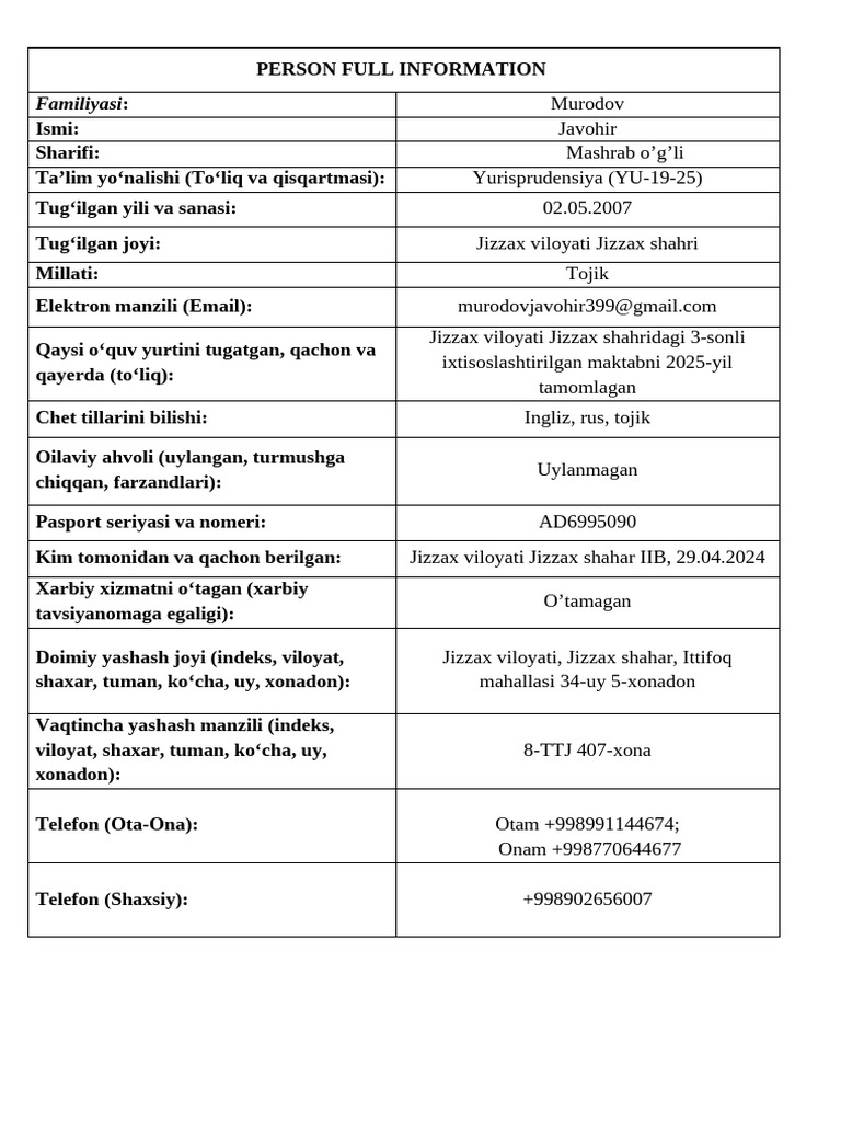 Murodov Javohir Mashrab o'g'Li Full Information 2025 | PDF