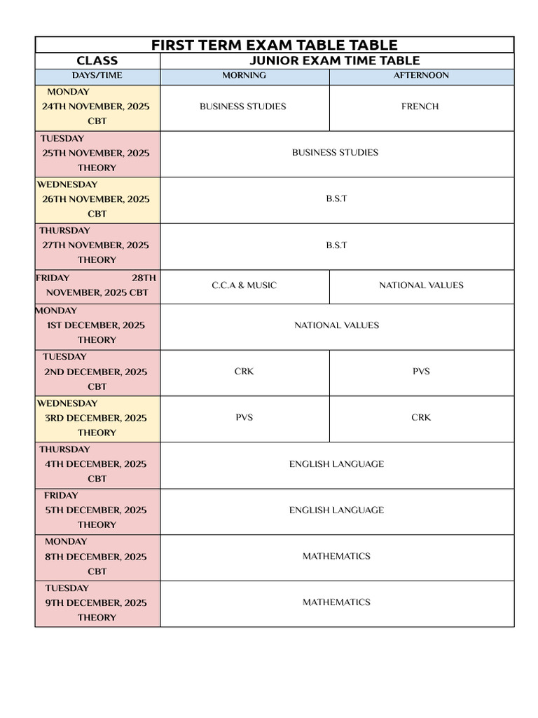 Alison Exam Time 2024 2025 - Junior 2025 First Term - 015458 | PDF