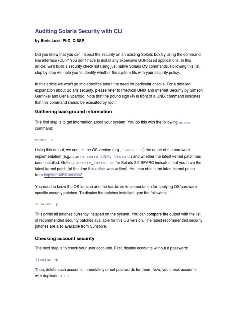 Solaris Security: CLI Audit Guide | PDF | Superuser | Command Line Interface
