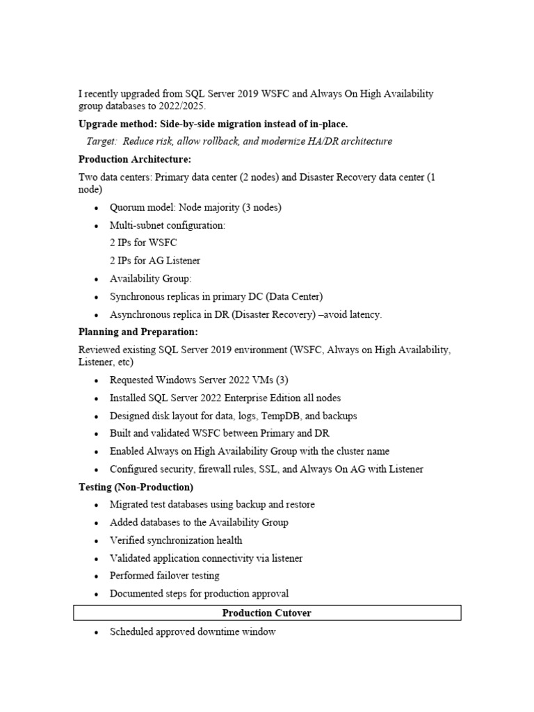 SQL Server Upgrade 2019 To 2022 WSFC and Always On AG DBs | PDF ...