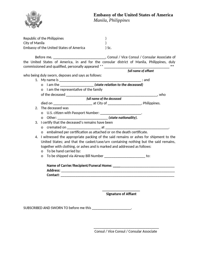 U.S. Embassy Manila Death Certificate Process | PDF | Consul ...
