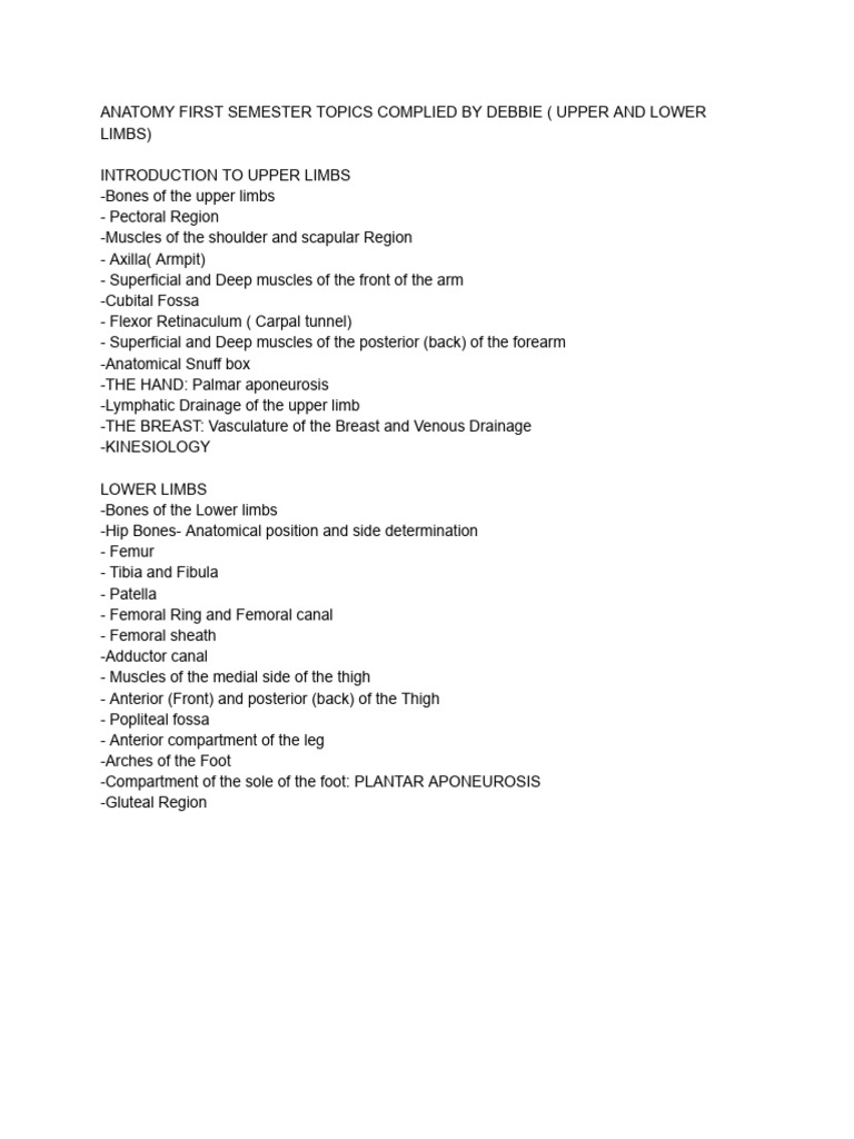 Anatomy First Semester Topics Complied by Debbie (Upper and Lower Limbs ...