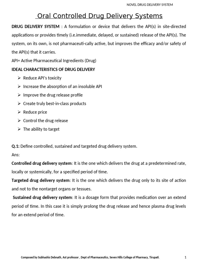 Oral Controlled Drug Delivery Systems | PDF | Pharmacokinetics | Chemistry