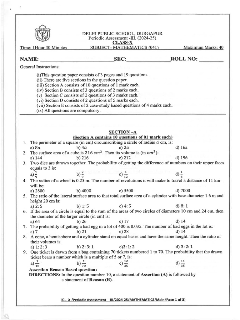 Class-10 Pa-3 Maths (2024-25) | PDF