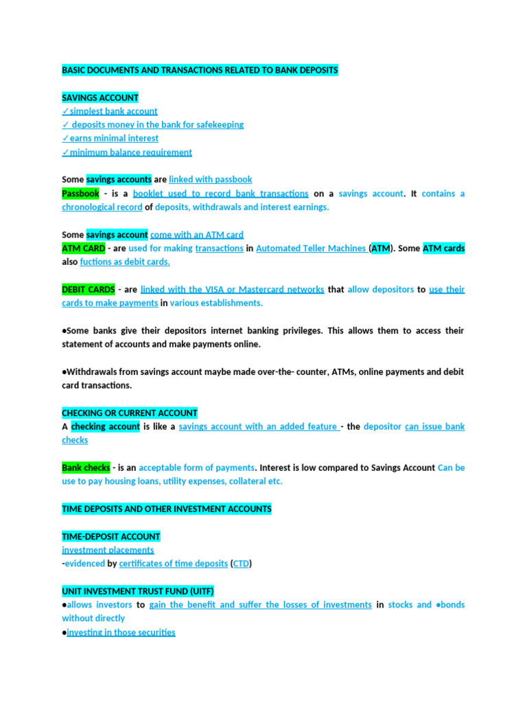 Bank Accounts: Types & Transactions Guide | PDF | Banks | Transaction ...