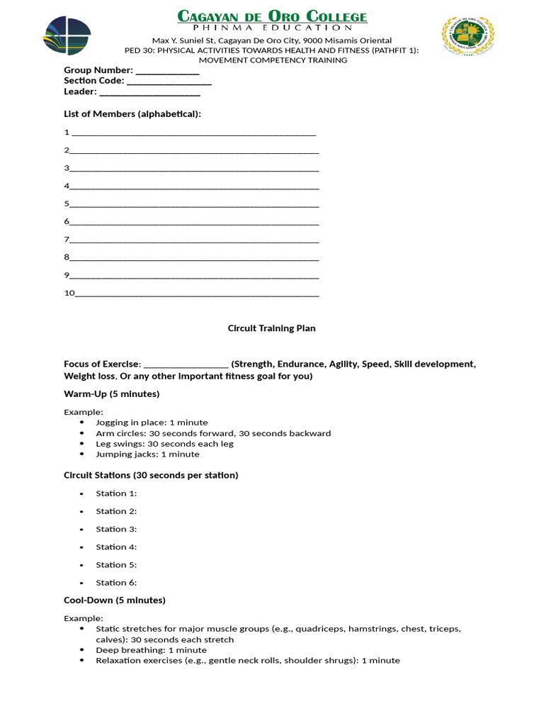 Template Circuit Training Check Activity | PDF
