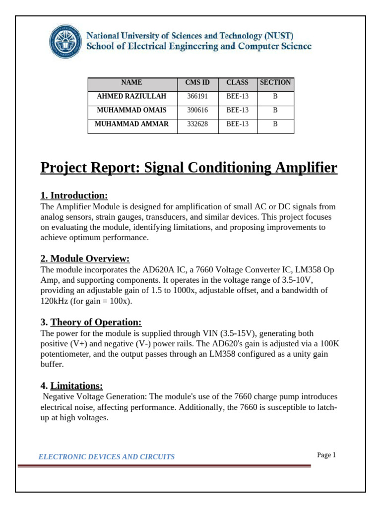 Signal Conditioning Amplifier Project Report | PDF | Amplifier | Voltage