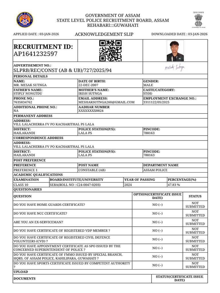Assam Police Acknowledgement Form | PDF | Government | Government And ...