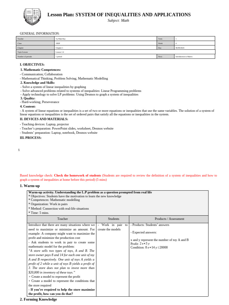 Lesson Plan - Systems of Inequalities, LP Problem | PDF | Linear ...