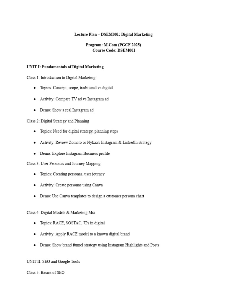 Lecture Plan - DSEM001 - Digital Marketing | PDF | Digital Marketing ...