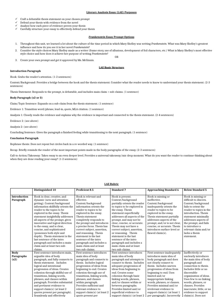 Literary Analysis Essay Guide: Frankenstein | PDF | Sentence ...