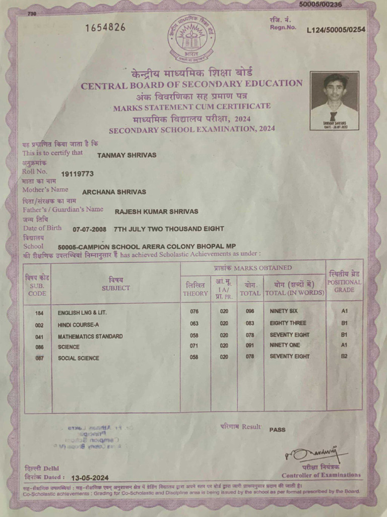 10th Marksheet Tanmay | PDF