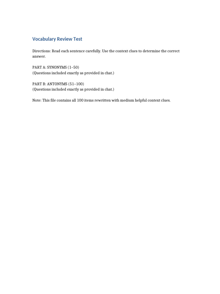 Vocabulary Review Test 100 Items | PDF