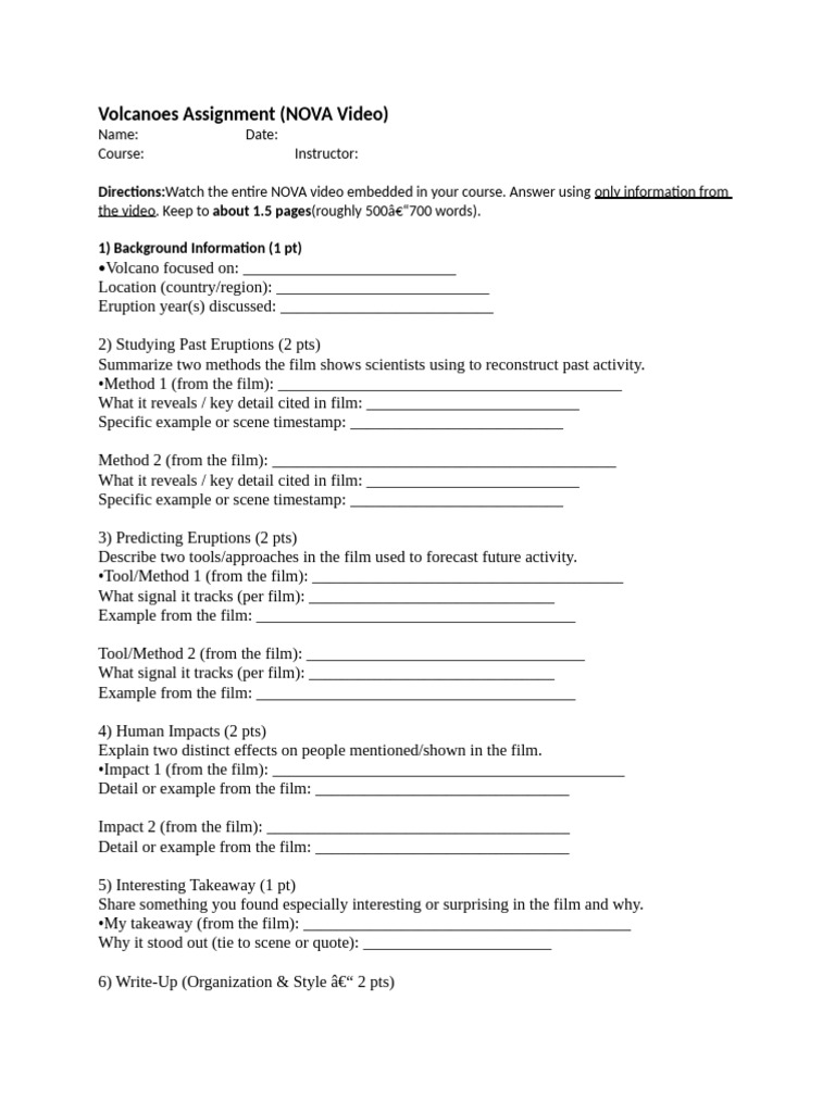 NOVA Volcanoes Assignment Guide | PDF