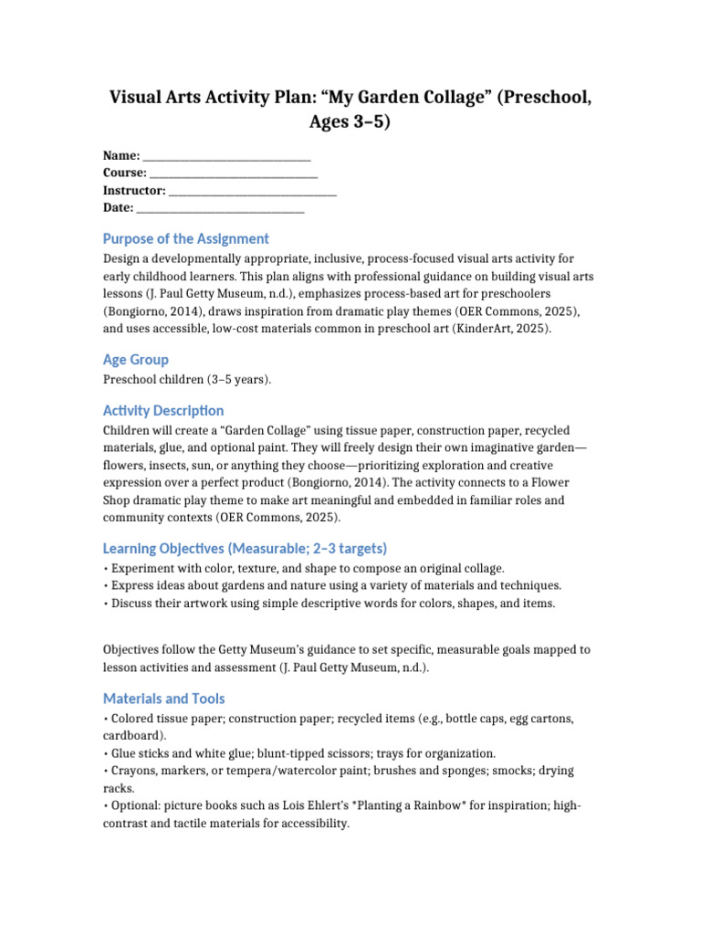 Visual Arts Activity Plan Preschool Garden Collage | PDF | Collage ...