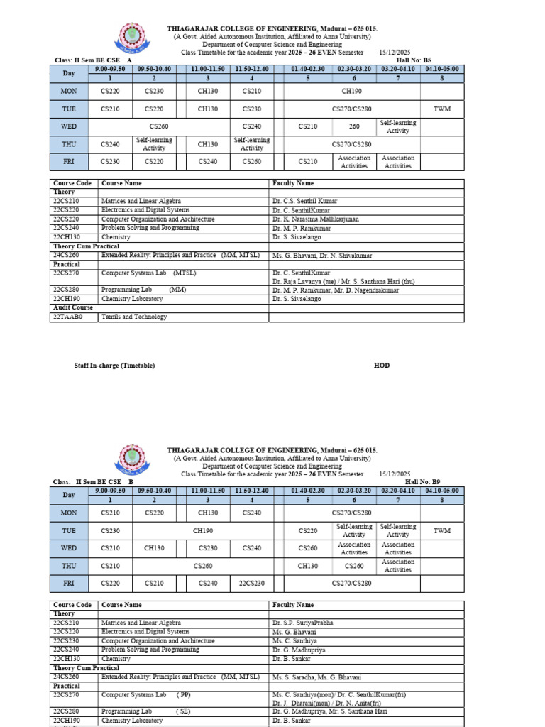 CSE Even 2025-26 Timetable | PDF | Information Technology | Applied ...