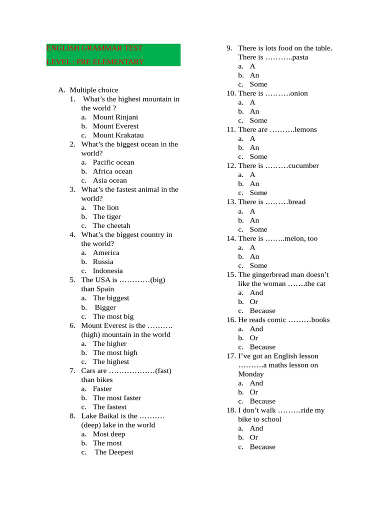 Pre-Elementary English Grammar Test | PDF