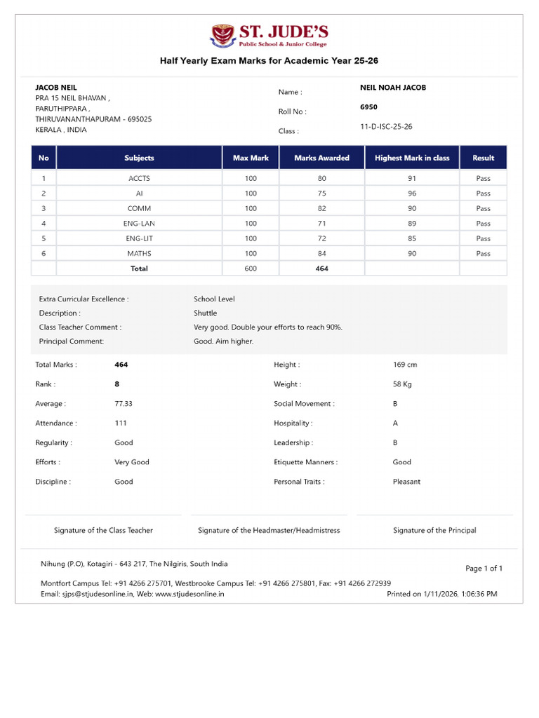 6950 Half Yearly Marksheet | PDF