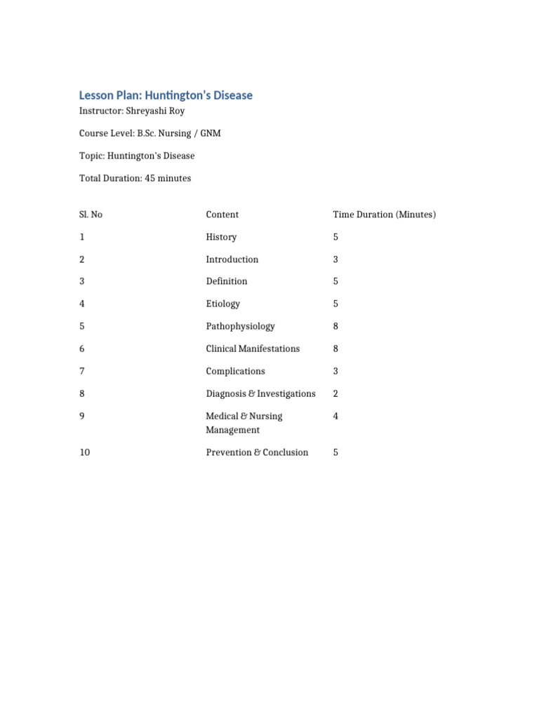 Huntington's Disease Lesson Plan | PDF