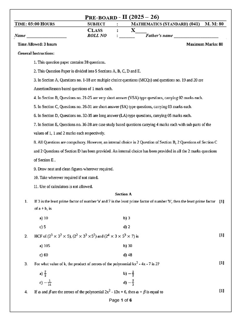 Class X Mathematics Pre-Board Exam | PDF
