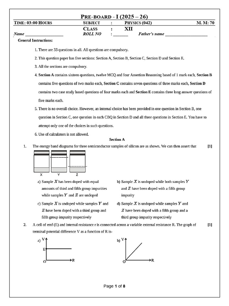 XII Physics Pre-Board Exam 2025-26 | PDF