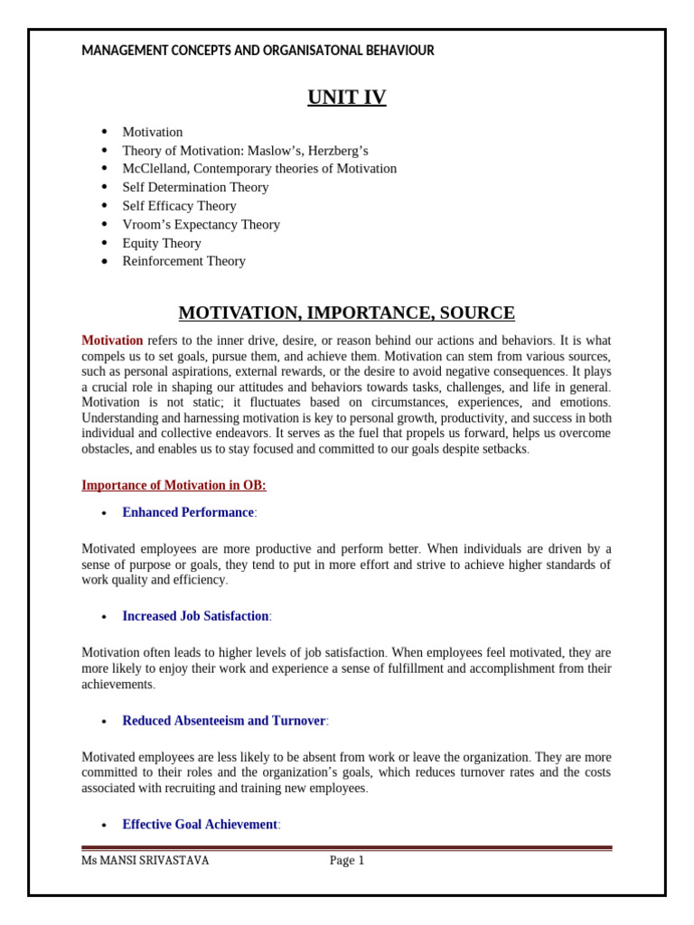 Management Concepts Unit IV | PDF | Motivational | Motivation