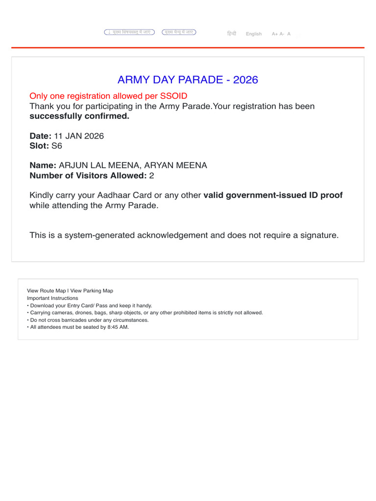 Army Day Parade Registration Confirmation | PDF