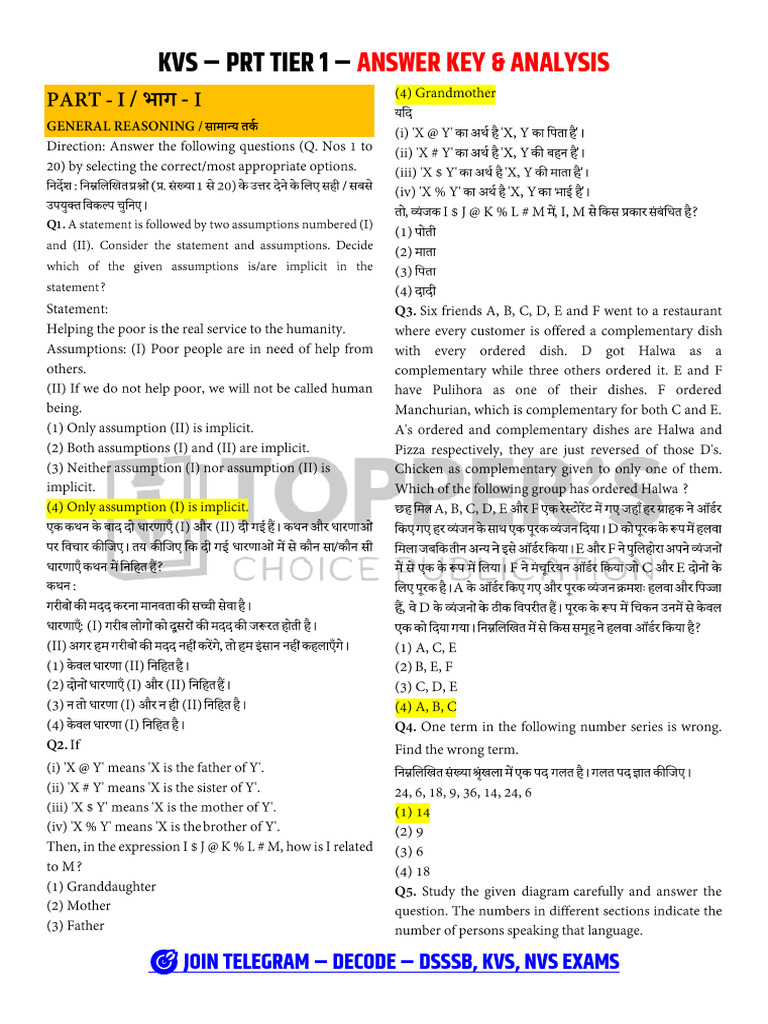 Kvs PRT Paper With Answer Key | PDF