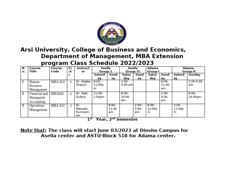 MBA Class Schedule 1st Year, 2nd Semester 2023 - Extension | PDF