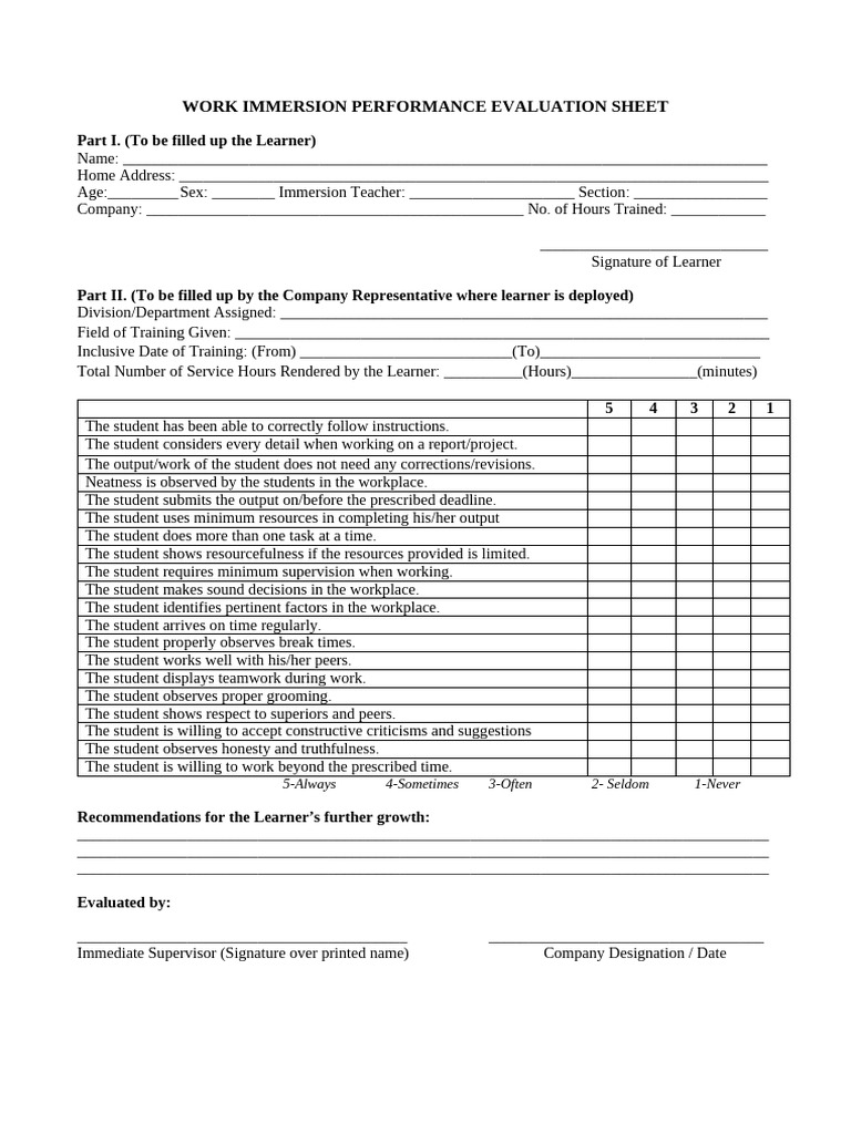 Work Immersion Evaluation Sheet | PDF | Performance Appraisal | Learning