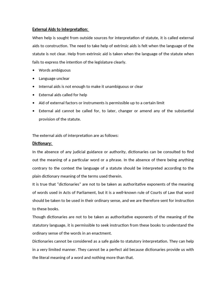 External Aids To Interpretation Notes | PDF | Bill (Law) | Statutory ...