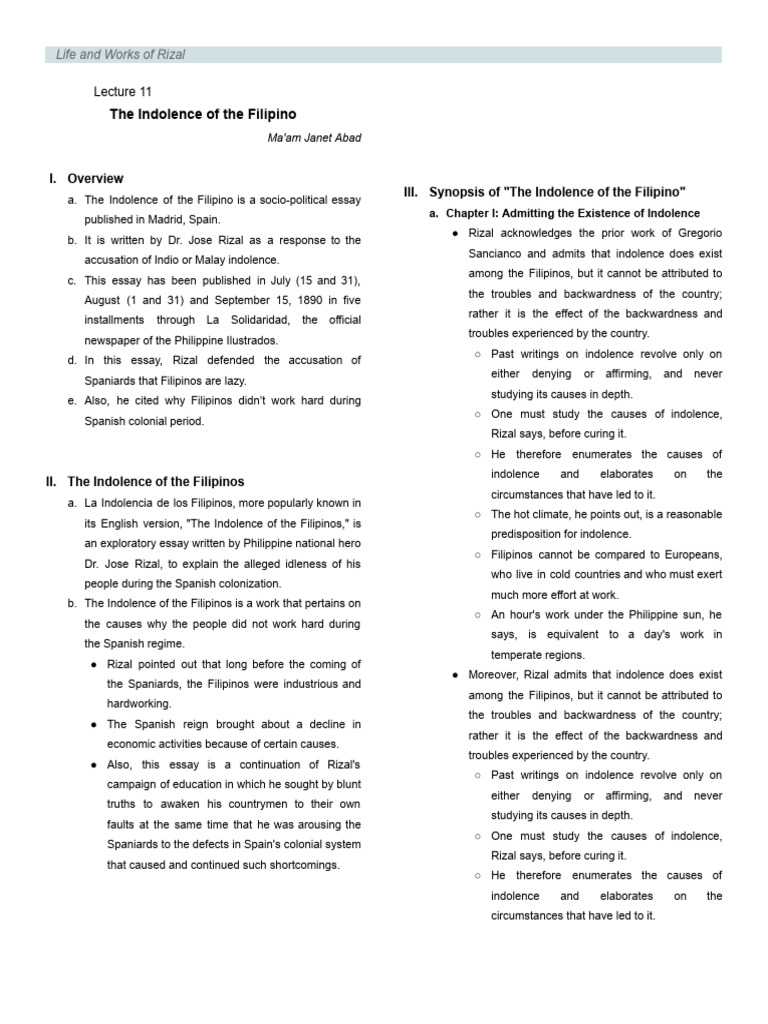 Rizal's "Indolence of the Filipino" Analysis | PDF
