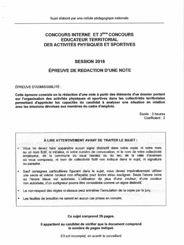CDG72 2018 Annale Concours Interne 3eme Voie Etaps Note (1) | PDF