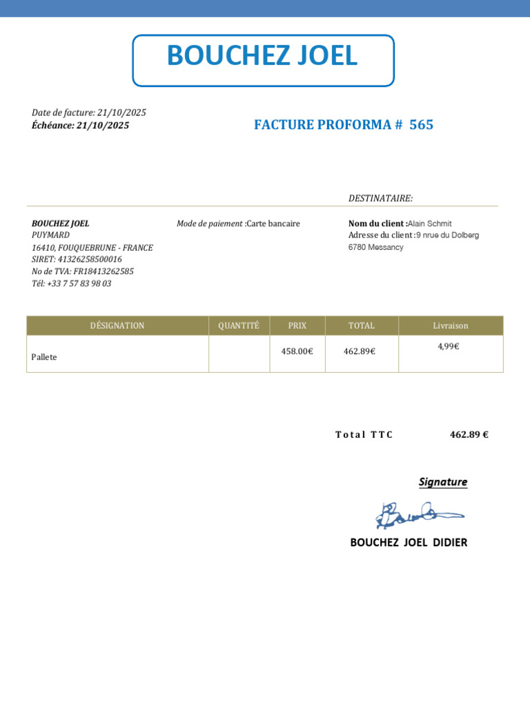 Facture Proforma BOUCHEZ JOEL 2025 | PDF