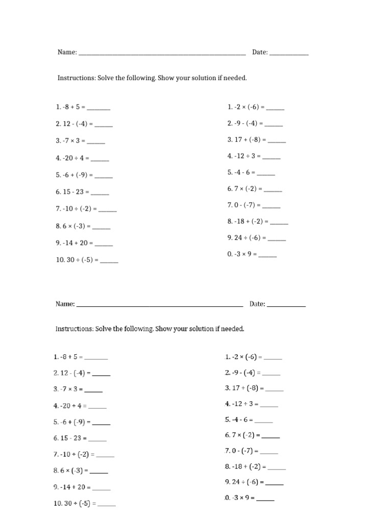 Grade8 Operations of Integers Worksheet | PDF