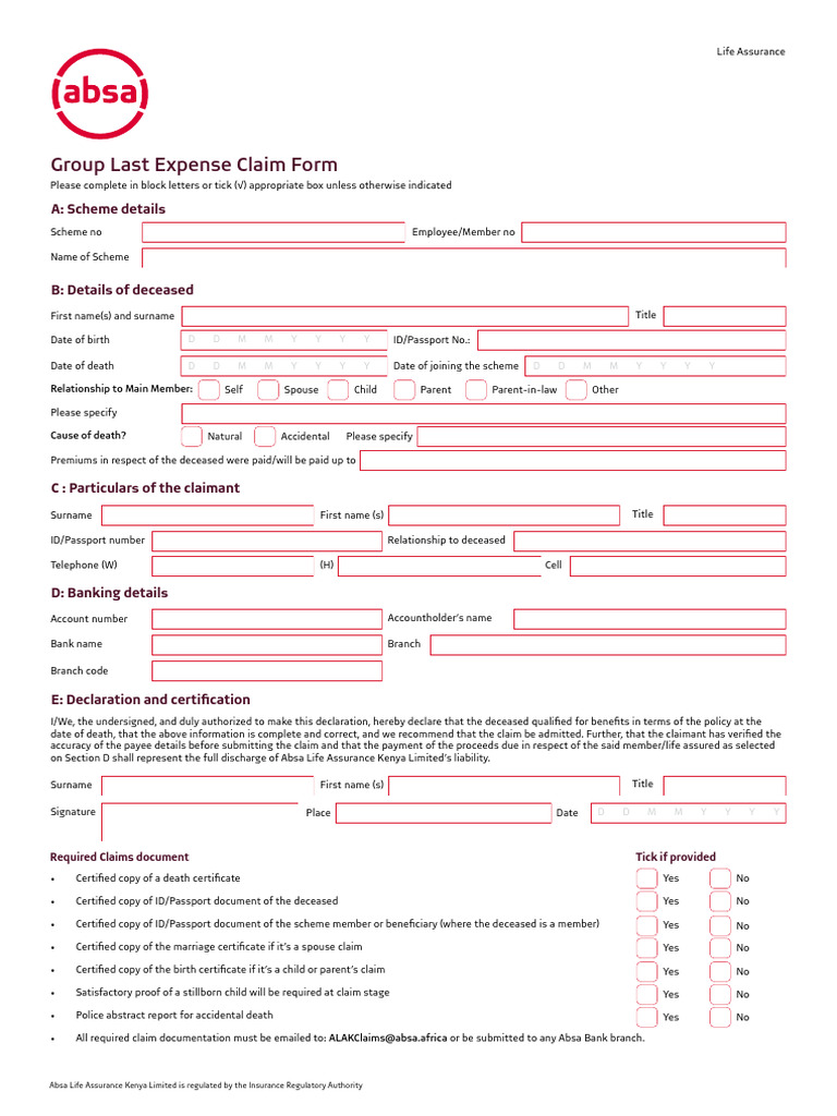 Absa Life Last Expense Claim Form | PDF | Life Insurance