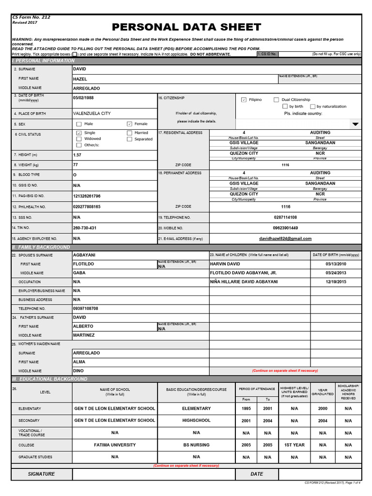 Personal Data Sheet Template | PDF | Government