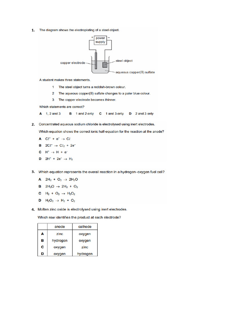 Electrolysis Worksheet | PDF