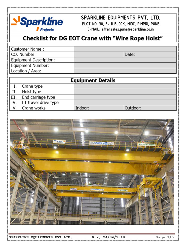 Checklist For DG - EOT Crane With Wire Rope Hoist | PDF | Manufactured ...