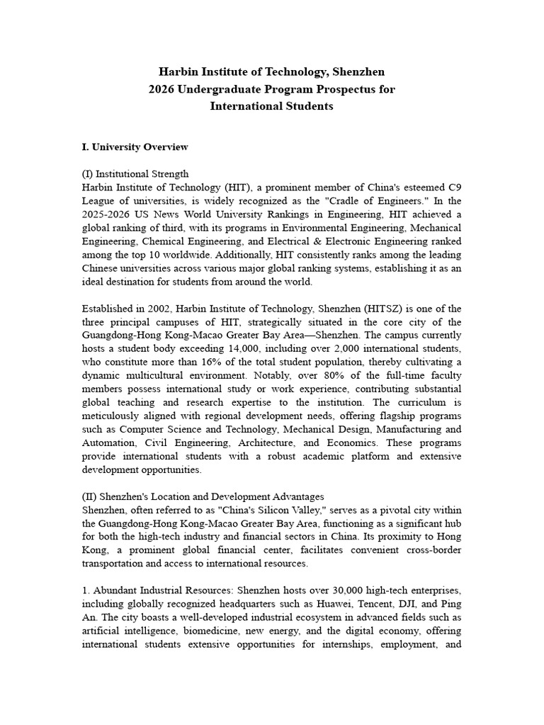 HIT Shenzhen 2026 International Student Guide | PDF | University And ...