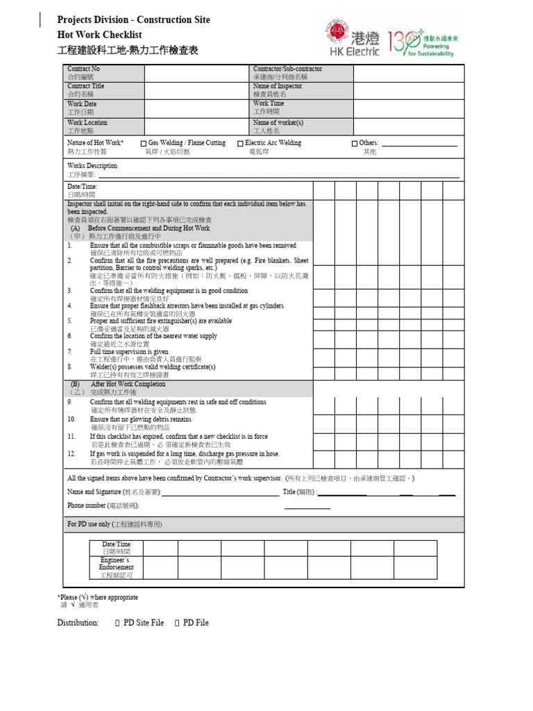 Hot Work Safety Checklist for Contractors | PDF | Welding | Construction