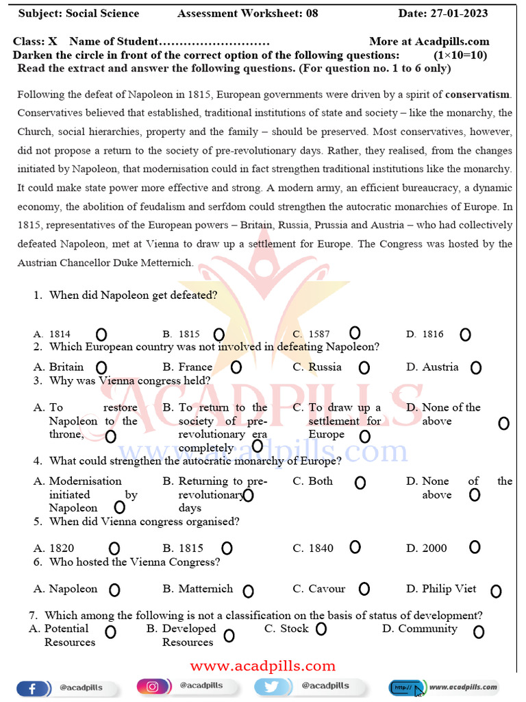 SST Assessment Worksheet 08 | PDF | Conservatism | Napoleon